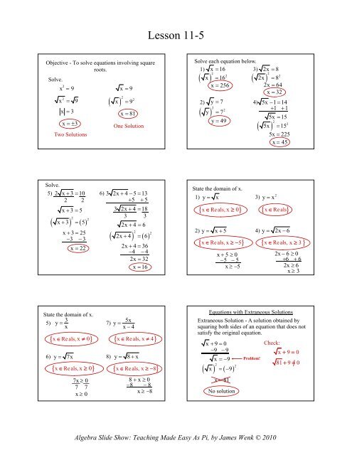 11-5 Solving Radical Equations - Math Slide Show
