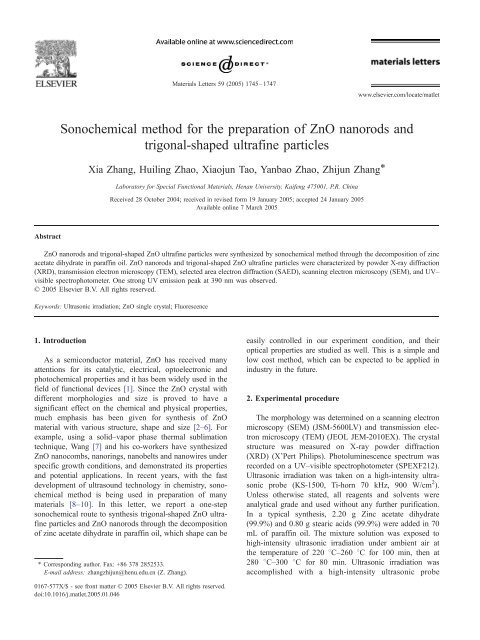 Sonochemical method for the preparation of ZnO nanorods and ...