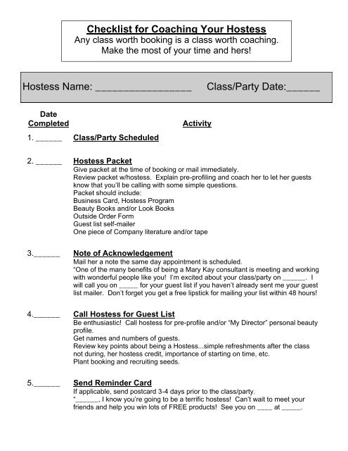 checklist for coaching your hostess - QT Office