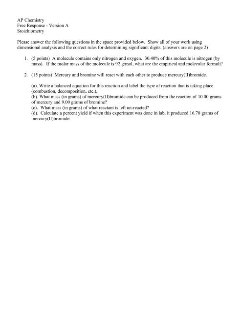 AP Chemistry Free Response - Version A Stoichiometry Please ...