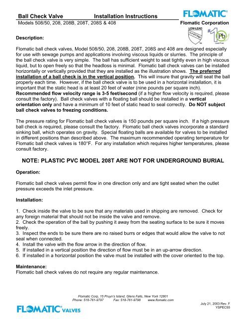 Ball Check Valve Installation Instructions - Flomatic Corporation
