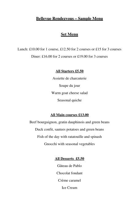 Bellevue Rendezvous â Sample Menu Set Menu - City Eating
