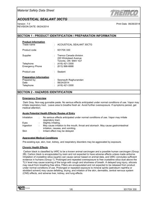 Acoustical Sealant MSDS - Tremco Sealants