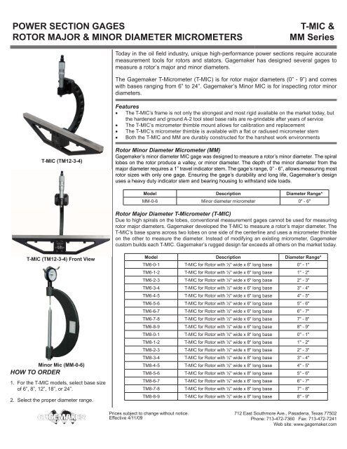 power section gages rotor major & minor diameter ... - Gagemaker