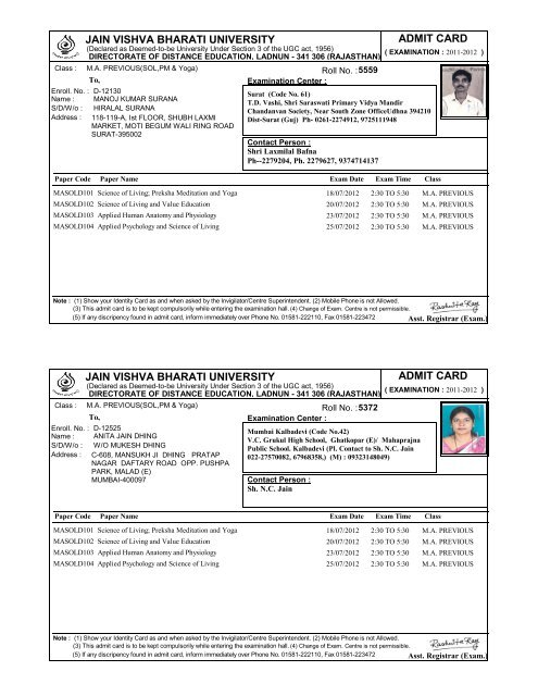 Admit Card - Jain Vishva Bharati Institute