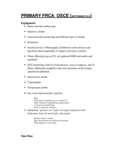 Primary FRCA OSCE October 2012