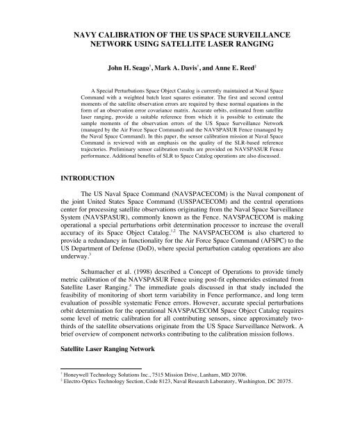 navy calibration of the us space surveillance network using satellite ...