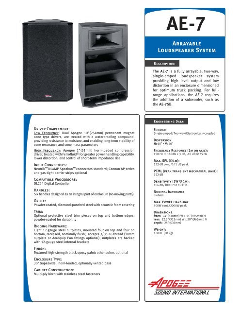 Apogee AE-7 Arrayable Loudspeaker System Spec ... - Apogee Sound