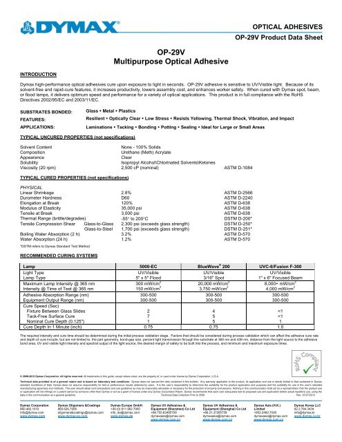 Dymax OP-29V Optical Adhesives Product Data Sheet