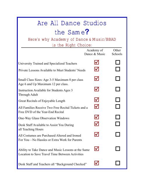 Dance Comparison Checklist - Academy of Dance and Music