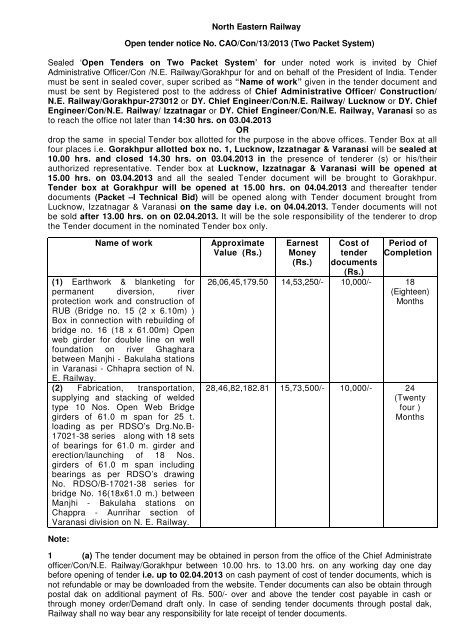 North Eastern Railway Open tender notice No. CAO/Con/13/2013 ...