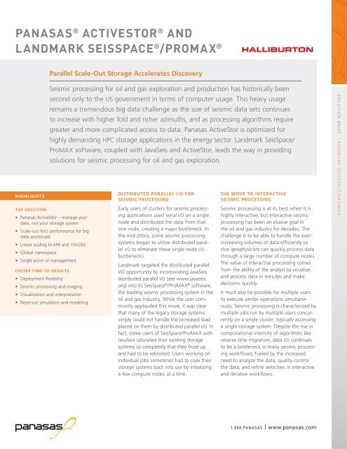 Landmark SeisSpace/ProMAX Solution Brief - Panasas