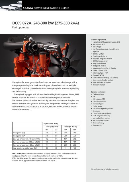 DC09 072A. 248-300 kW (275-330 kVA) - Scania