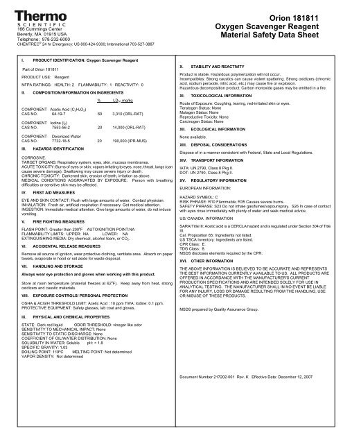 Orion 181811 Oxygen Scavenger Reagent Material Safety Data Sheet
