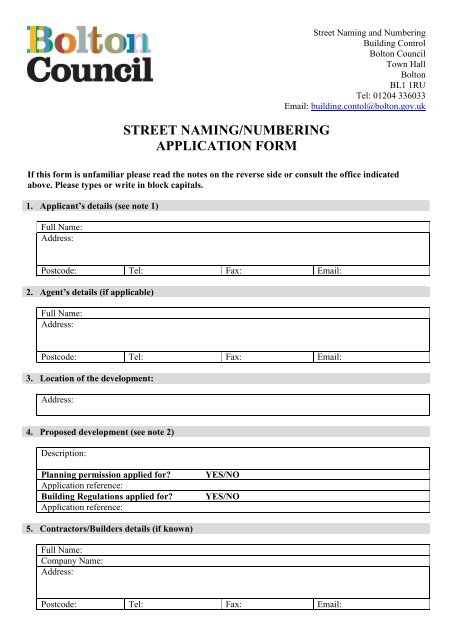 Street naming and numbering application form