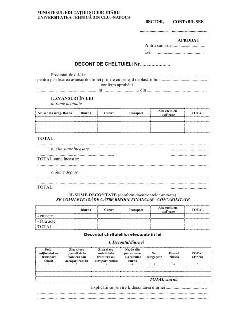 Formular decont transport international lei - Universitatea TehnicÄ