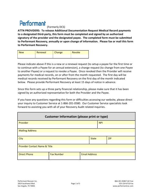 Customer Information (please print or type) - Performant Recovery