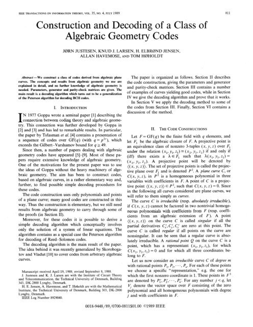 Construction And Decoding Of A Class Of Algebraic Geometry Codes