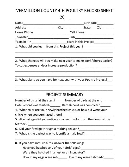 VERMILLION COUNTY 4-H POULTRY RECORD SHEET 20__