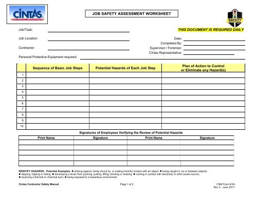 JOB SAFETY ASSESSMENT WORKSHEET - Cintas