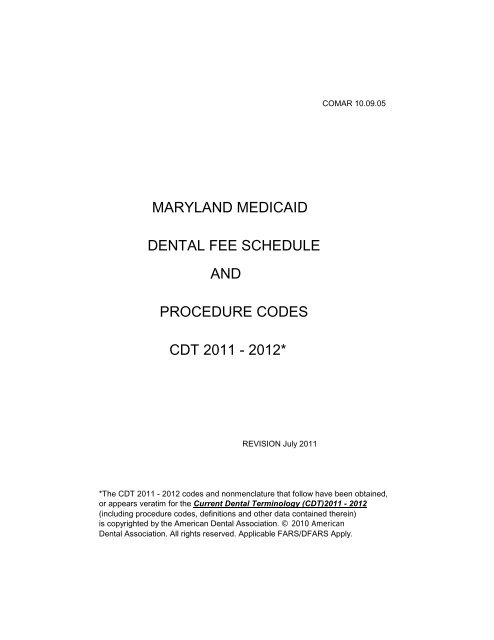 maryland medicaid dental fee schedule and procedure codes cdt 2011