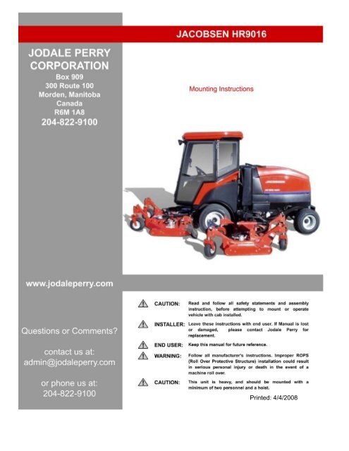Jacobsen HR9016 Mount Instructions 2008-03-31 ... - Jodale Perry