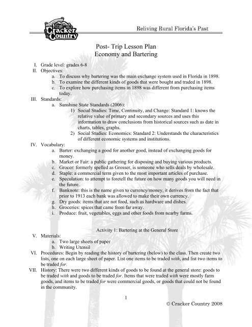 Economy and Bartering Lesson Plan (grades 6-8) - Cracker Country