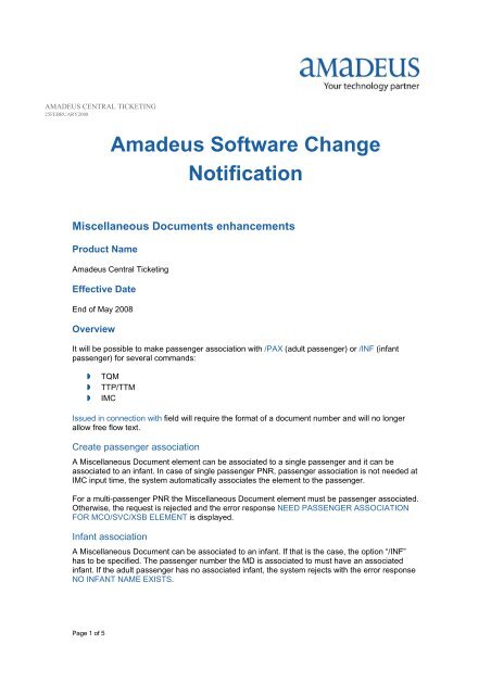 Amadeus Software Change Notification