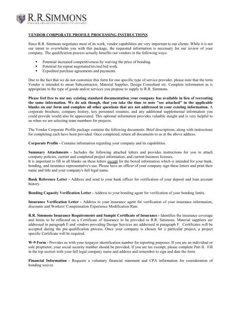VENDOR CORPORATE PROFILE PROCESSING ... - RR Simmons