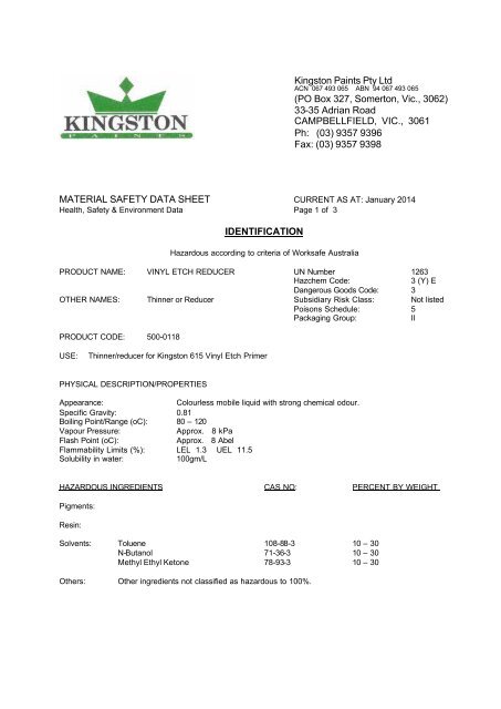 MSDS VINYL ETCH REDUCER - Kingston Paints