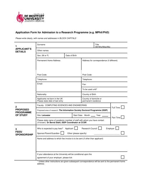 Application Form for Admission to a Research Programme (eg MPhil ...