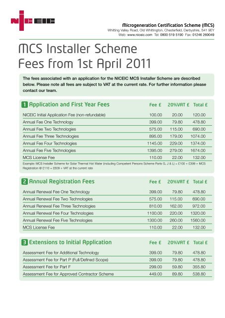 MCS Fee Sheet - NICEIC Certification