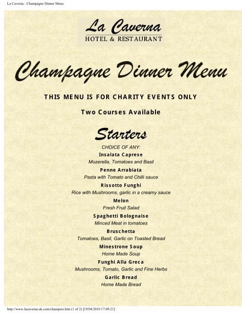 Champagne Dinner Menu - La Caverna Hotel & Italian Restaurant ...