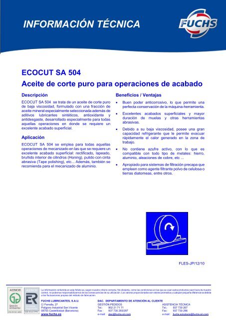 ecocut sa 504 - Fuchs Lubricantes