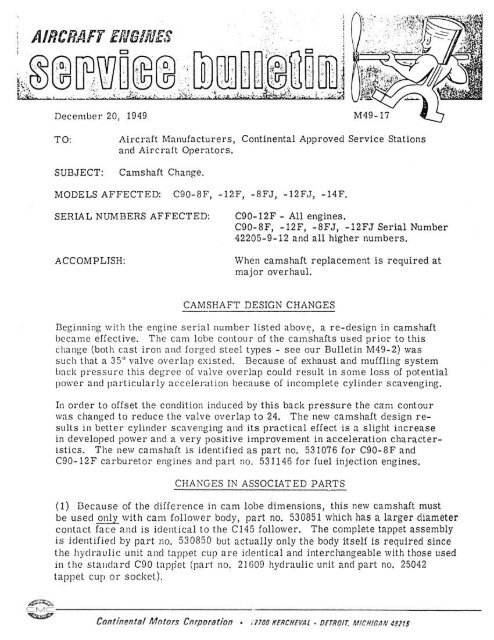Continental C90 Camshaft Change Service Bulletin