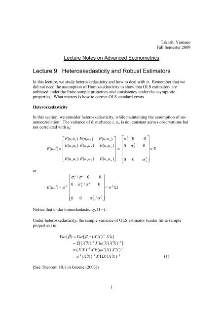 Lecture 9: Heteroskedasticity and Robust Estimators