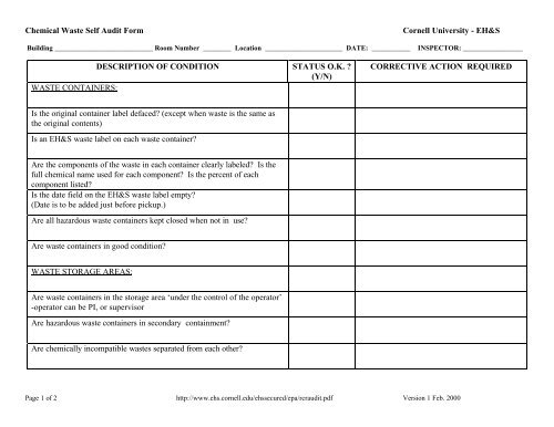 Chemical Waste Self Audit Form Cornell University - EH&S ...