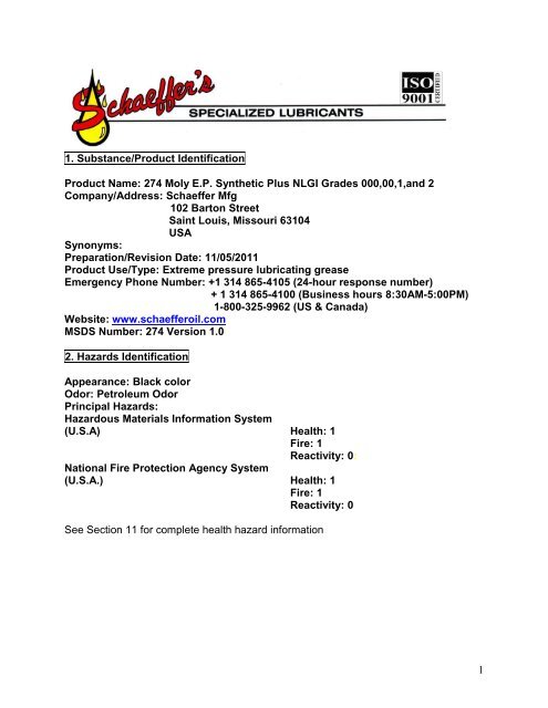 274 Moly EP Synthetic Plus NLGI Grades 000,00,1 ... - Schaeffer Oil