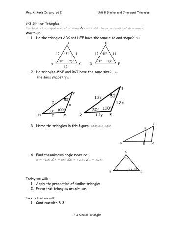 Geometry Notes 7.3 Triangle Similarity Warm Up: Write a statement ...