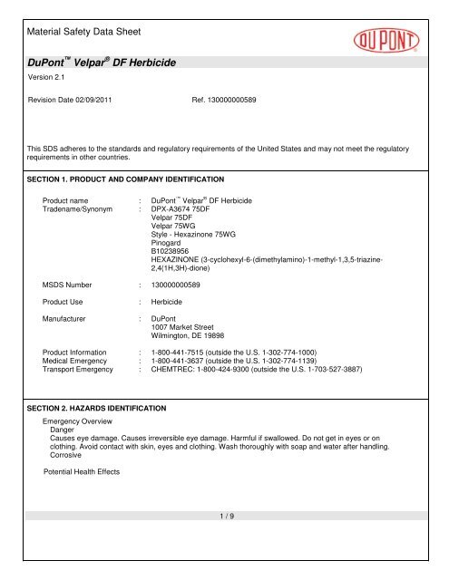 DuPont Velpar DF Herbicide - MSDS - DuPont