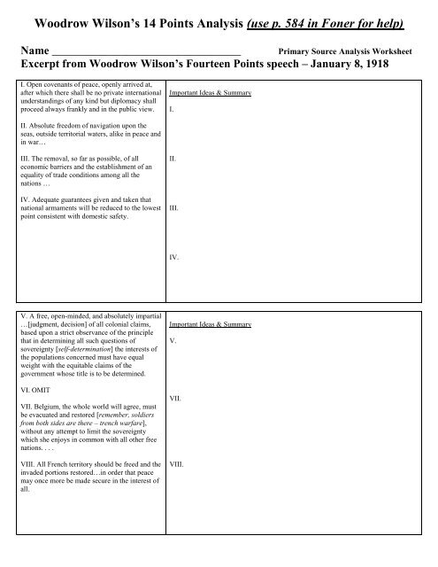 Wilson's 14 Points Analysis Sheet