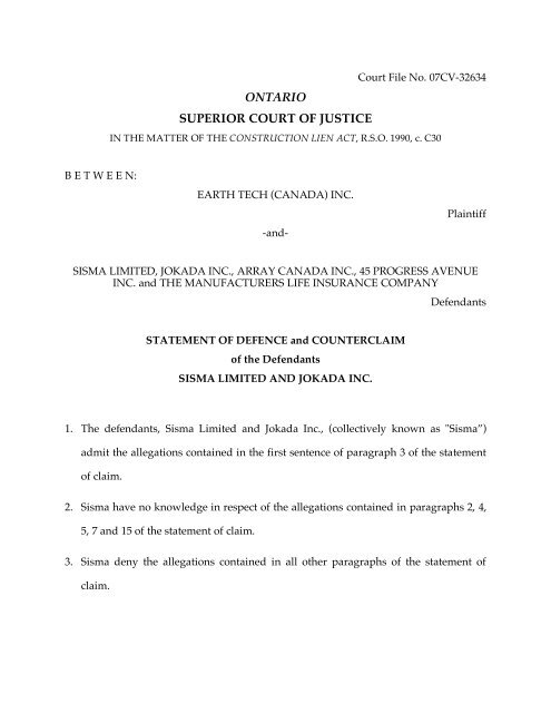 Sisma Statement of Defence and Counterclaim - Environmental Law ...