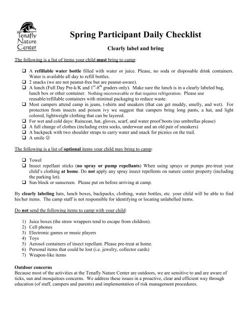 Spring Participant Daily Checklist - Tenafly Nature Center