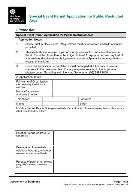 Special Event Permit Application for Public Restricted Area Liquor Act