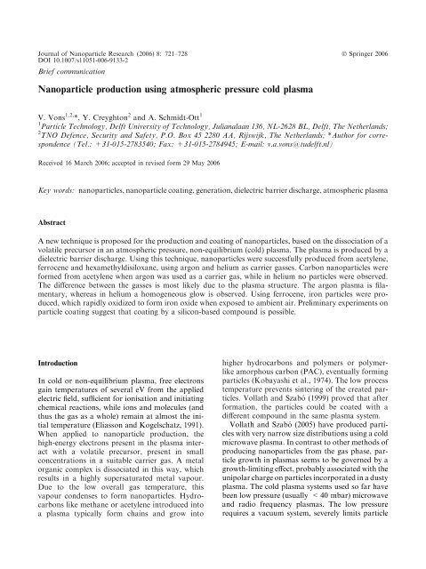 Nanoparticle production using atmospheric pressure cold plasma