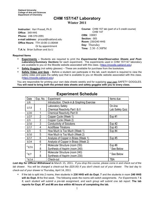 CHM 157/147 Laboratory Experiment Schedule - Oakland University