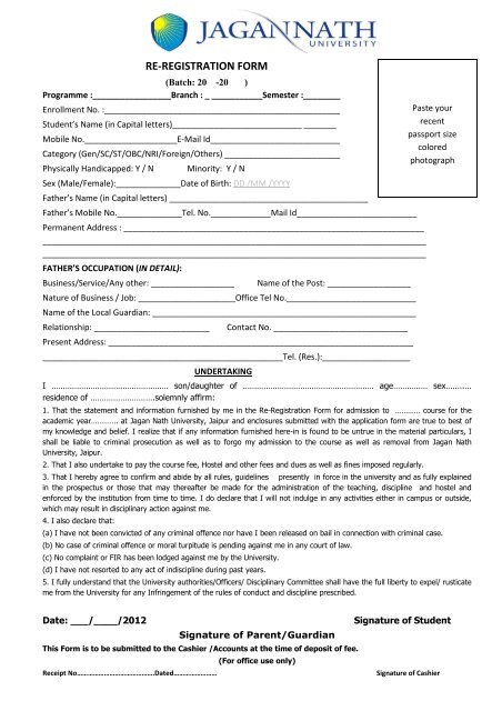 RE-REGISTRATION FORM - University In jaipur