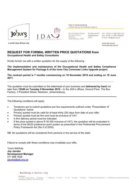 REQUEST FOR FORMAL WRITTEN PRICE QUOTATIONS ... - the JDA