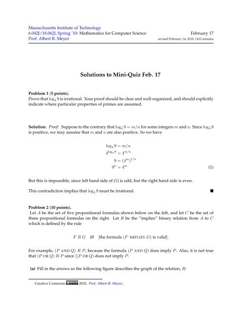 6.042J Mathematics for Computer Science, Mini-quiz 01 Solutions
