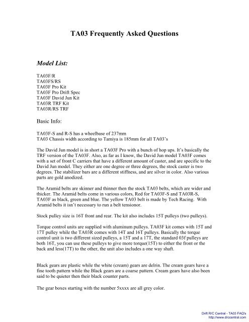 TA03 Frequently Asked Questions Model List - RC Tech